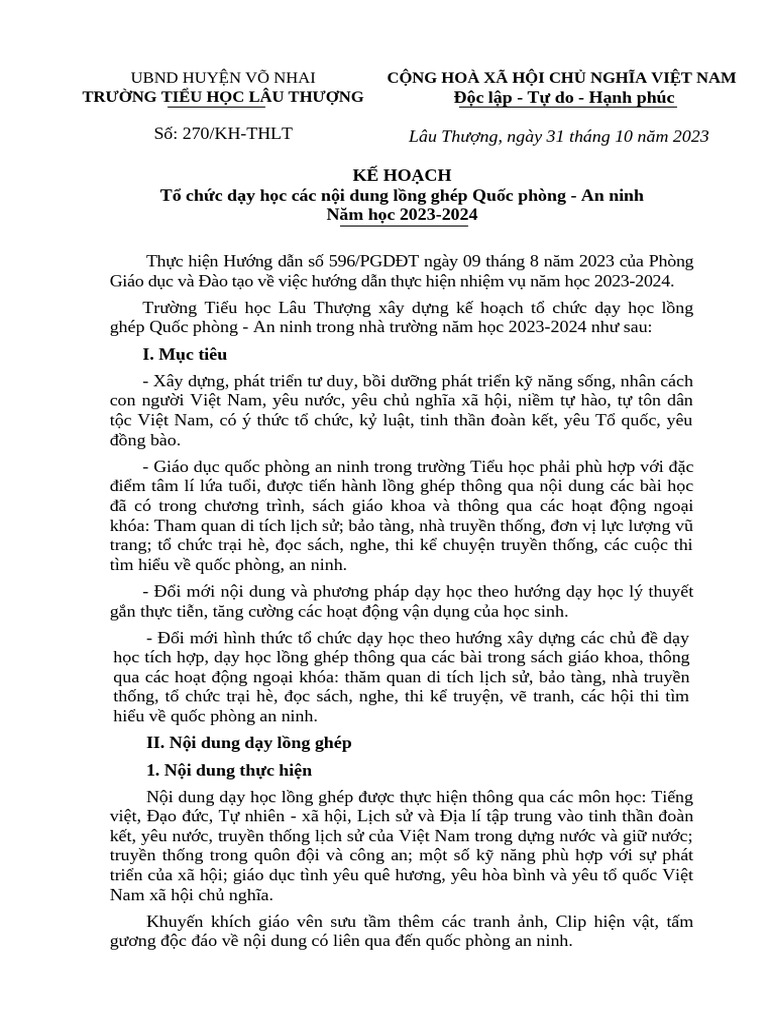 KH Dạy Học Lồng Ghép QPAN | PDF