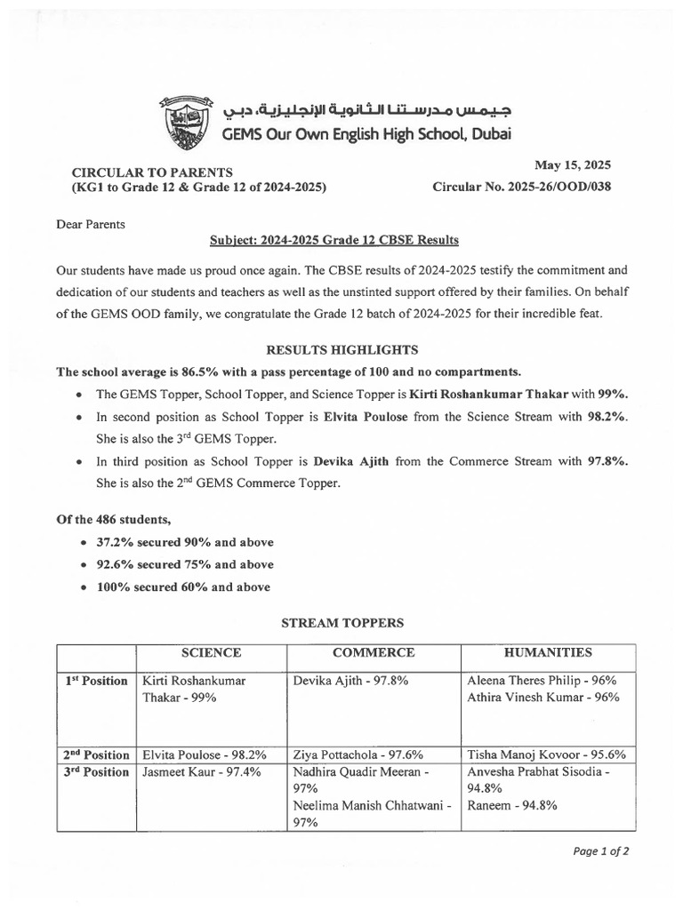 Circular To Parents (KG1 To Grade 12 & Grade 12 of 2024-2025) 2024-2025 ...