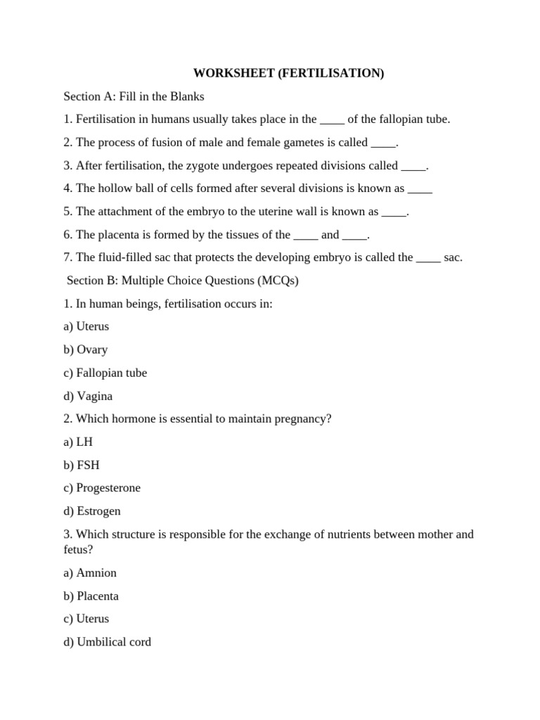 Human Fertilisation Worksheet | PDF