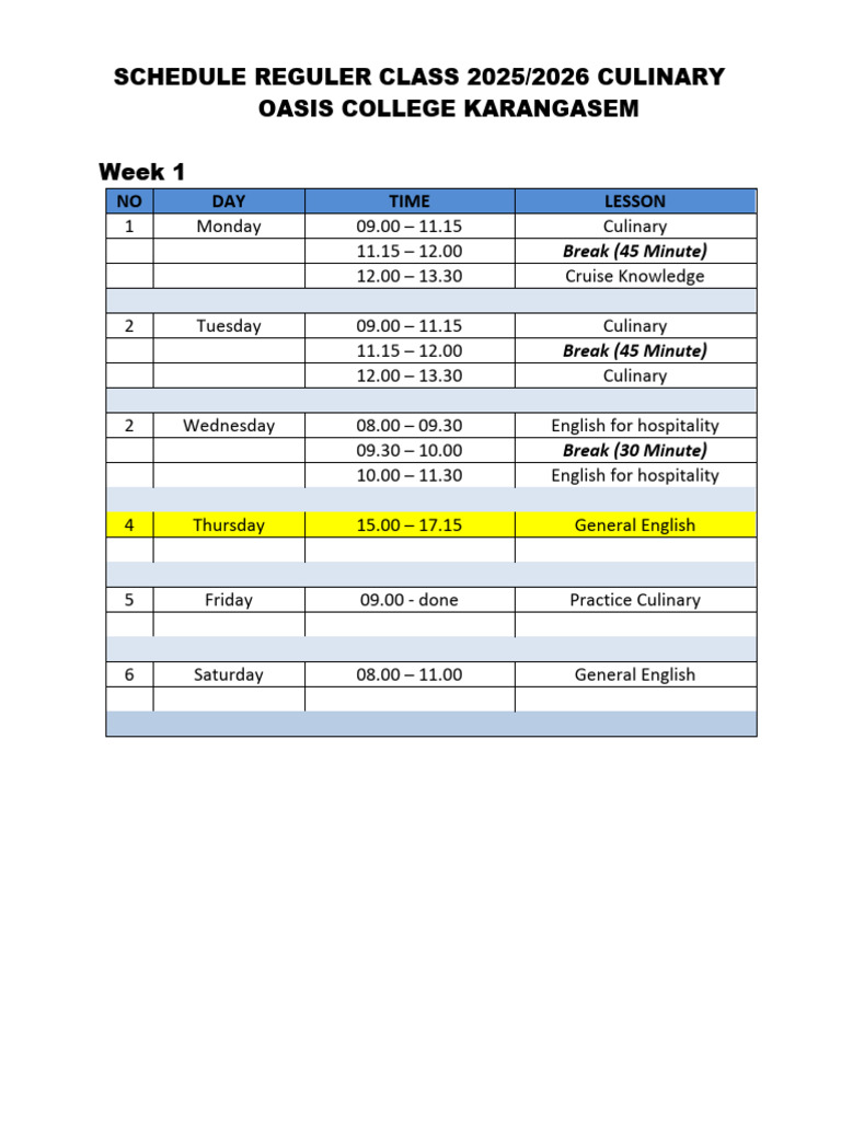 Schedule Culinary | PDF