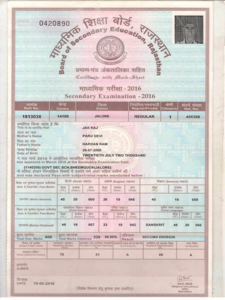 10th Marksheet | PDF
