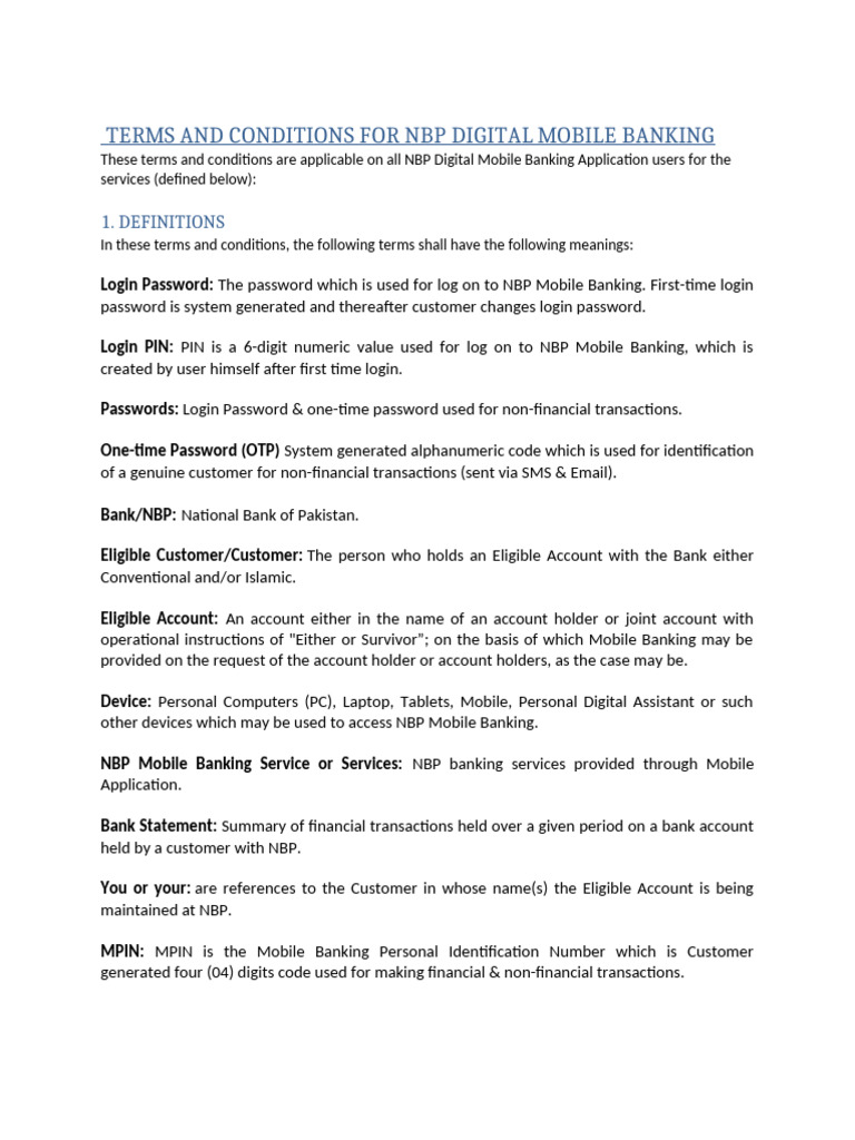 NBP Mobile Banking Terms & Conditions | PDF | Debit Card | Emv