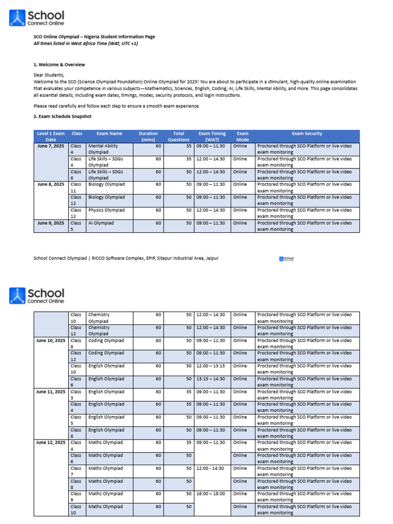 SCO International Olympiad - 2025 Exam Time Table For Nigeria Country | PDF | Computing | Software