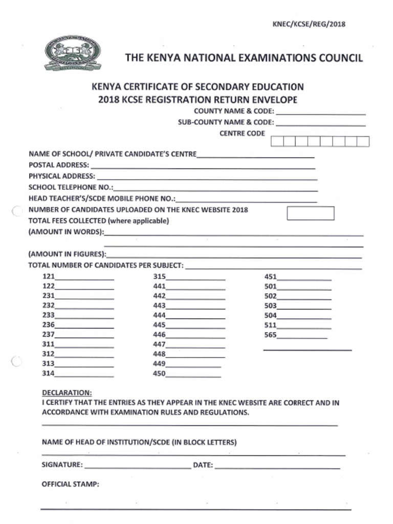 2018 Kcse Registration Return Envelope | PDF