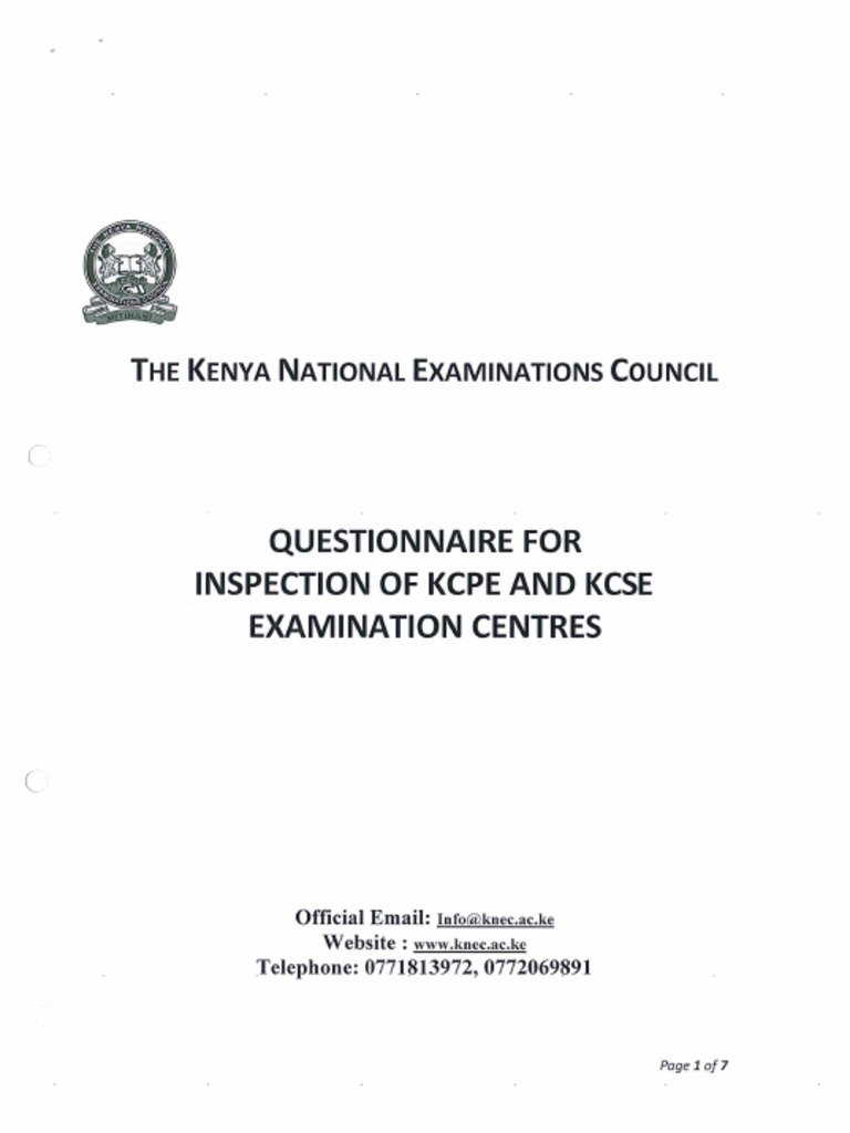 Questionnaire For Inspection of Kcpe and Kcse Examination Centres | PDF