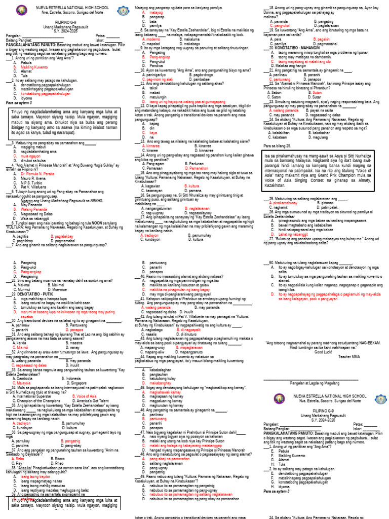 1st Grading in Filipino 9 With Answers 2024-2025 | PDF