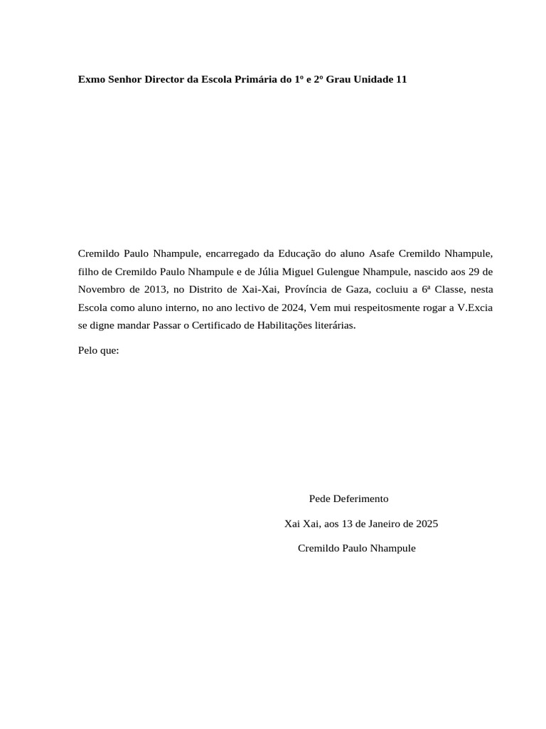 Exmo Senhor Director Da Escola Primária Do 1º e 2º Grau Unidade 11 | PDF