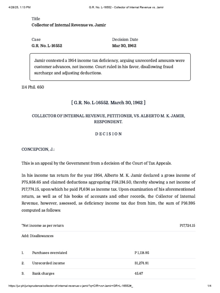 Collector of Internal Revenue vs. Jamir | PDF | Taxes | Expense