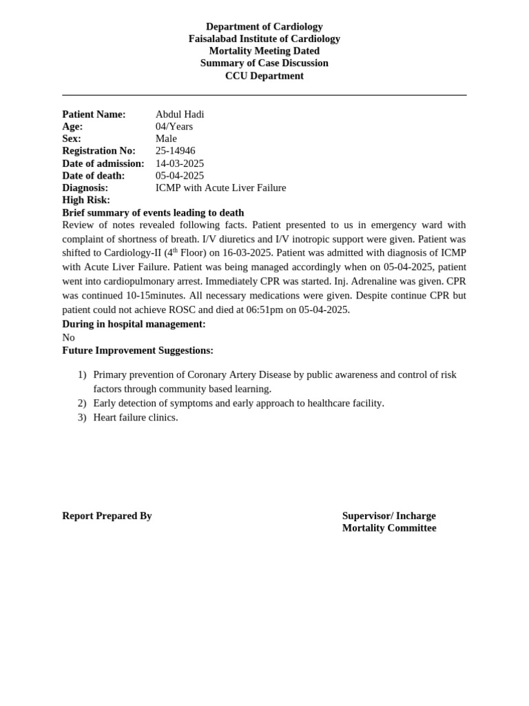Cardiology Mortality Case Summary: Abdul Hadi | PDF