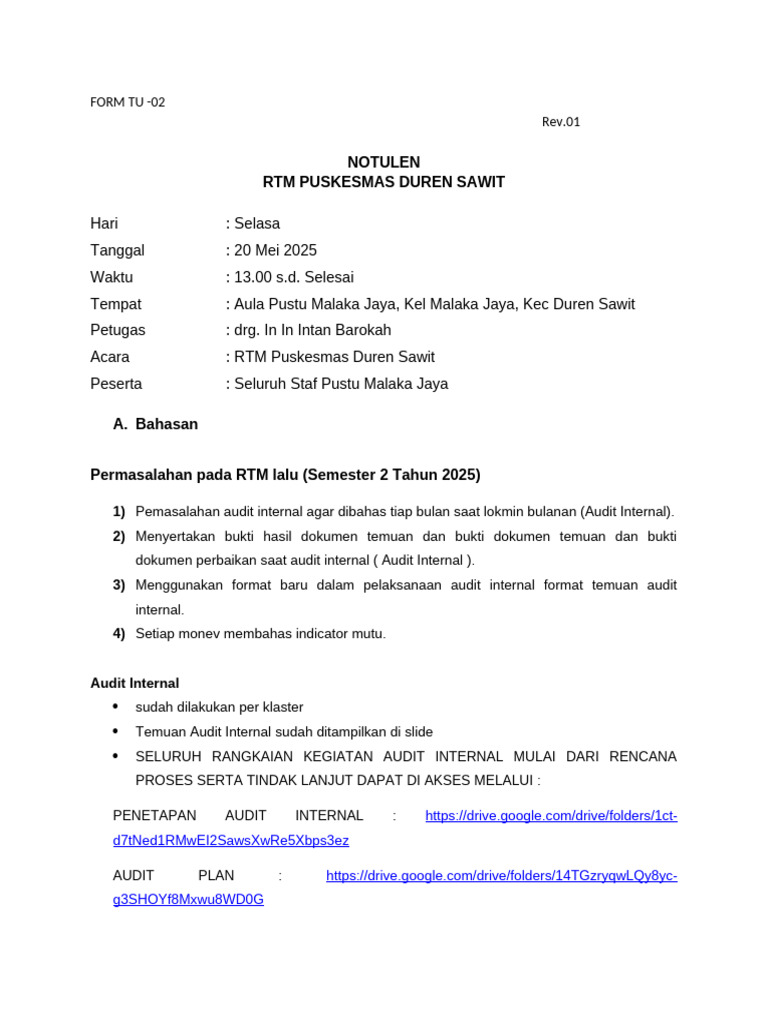 Notulen RTM Puskesmas Duren Sawit | PDF