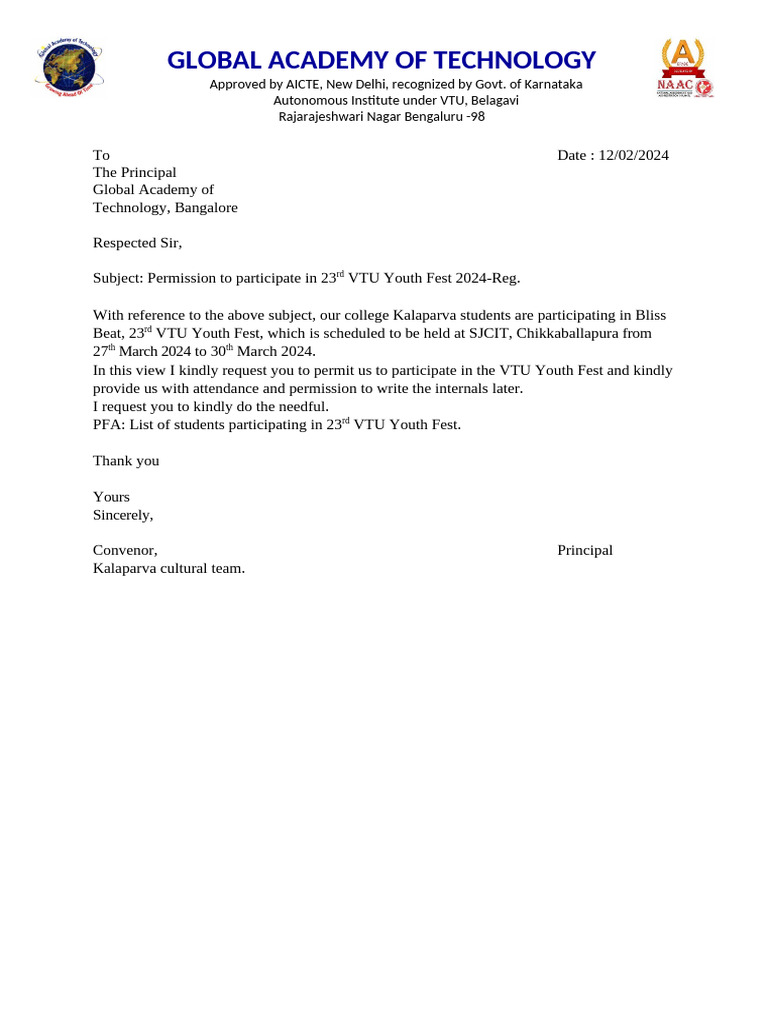 VTU Permission Letter | PDF