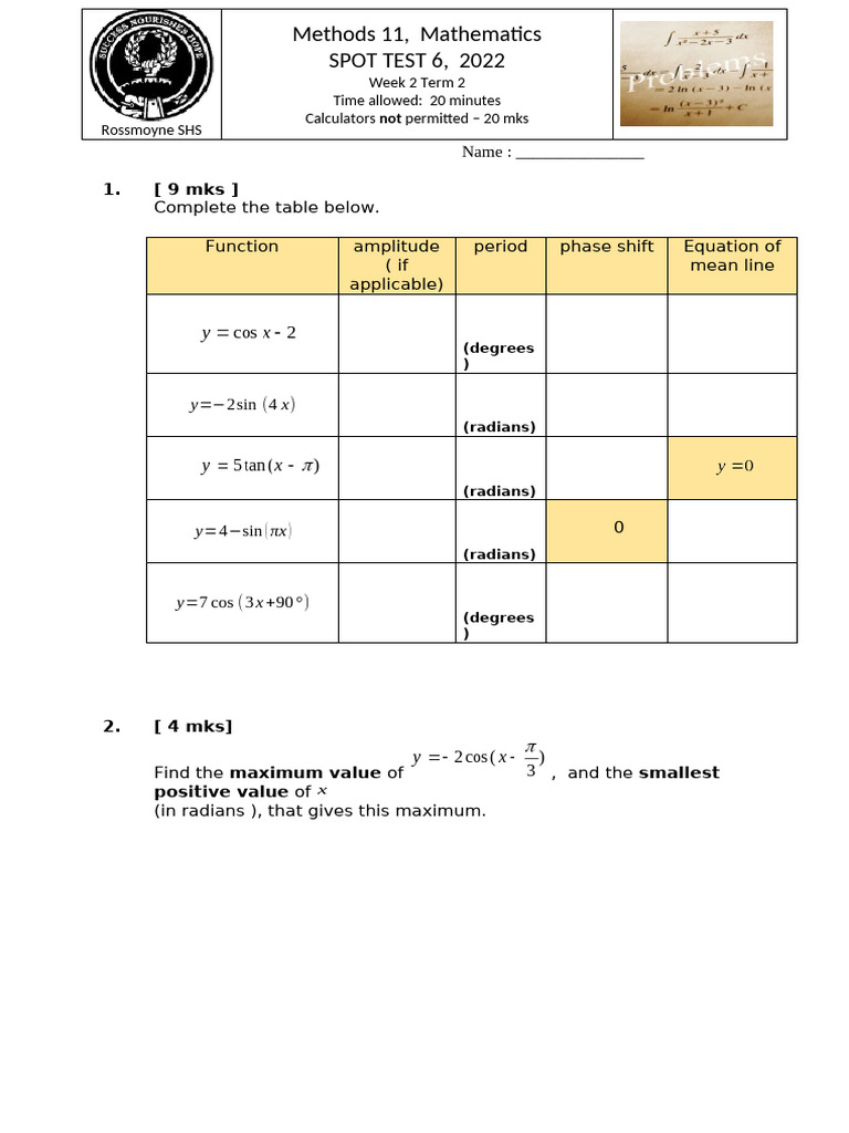 ST 6 Methods 11 2022 Trigonometric Graphs | PDF