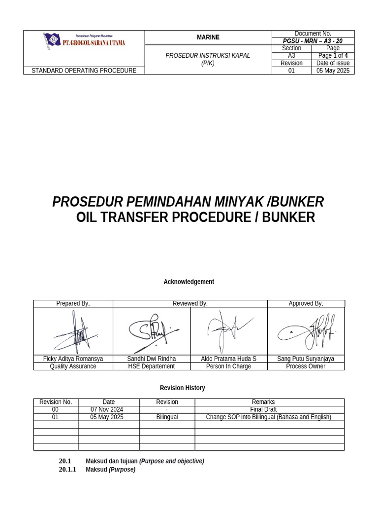 ETM-MRN-A3-20 OH Transfer - Bunker Procedur (Prosedur Pemindahan Minyak - Bunker) - EN | PDF ...
