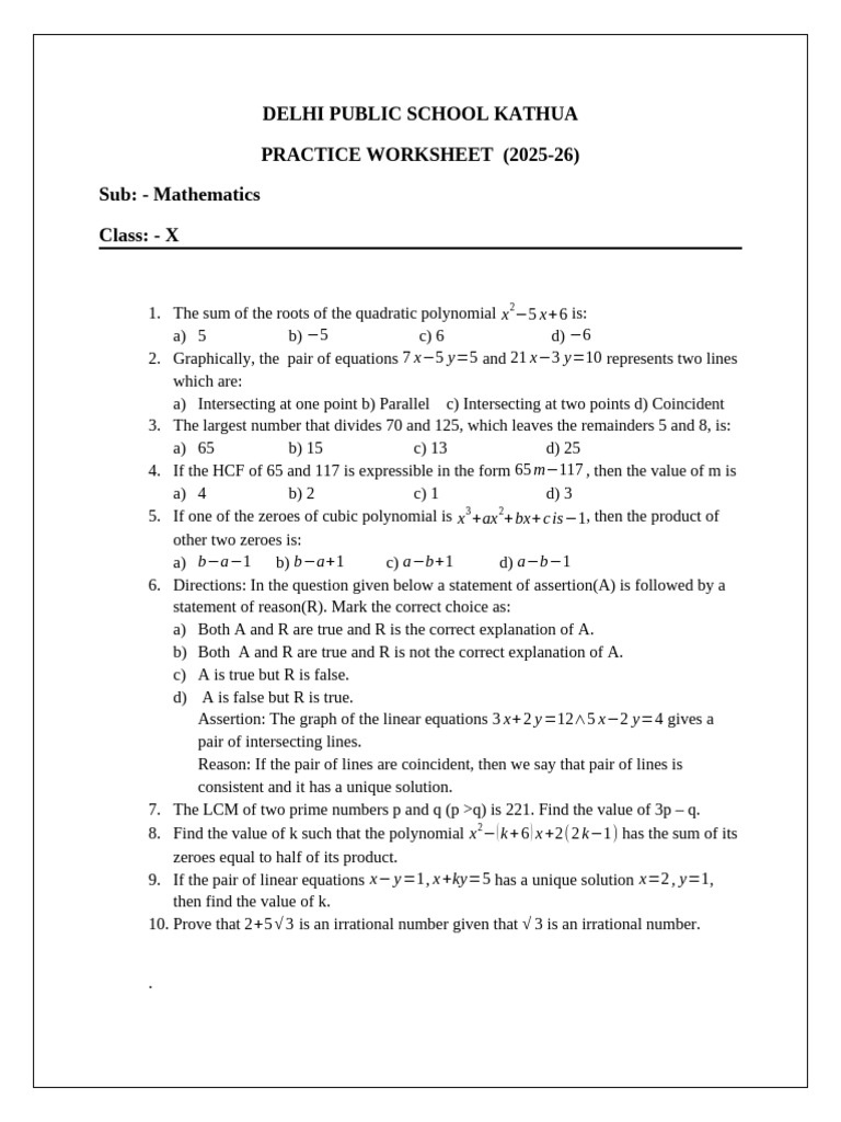Delhi Public School Kathua Practice Workseet Class X (2025-26) | PDF