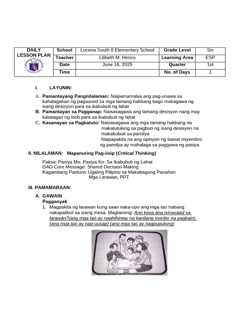 Lesson Plan in Esp 6 With Gad (q1w1) | PDF
