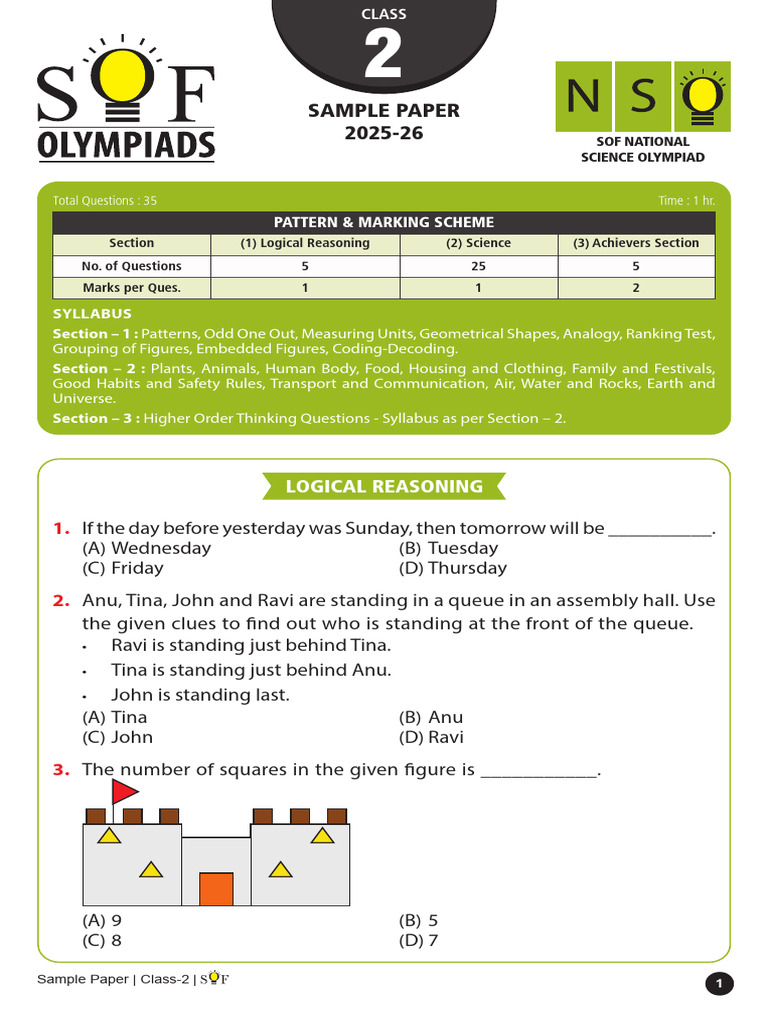 Nso Sample Paper Class-2 2025-26 | PDF
