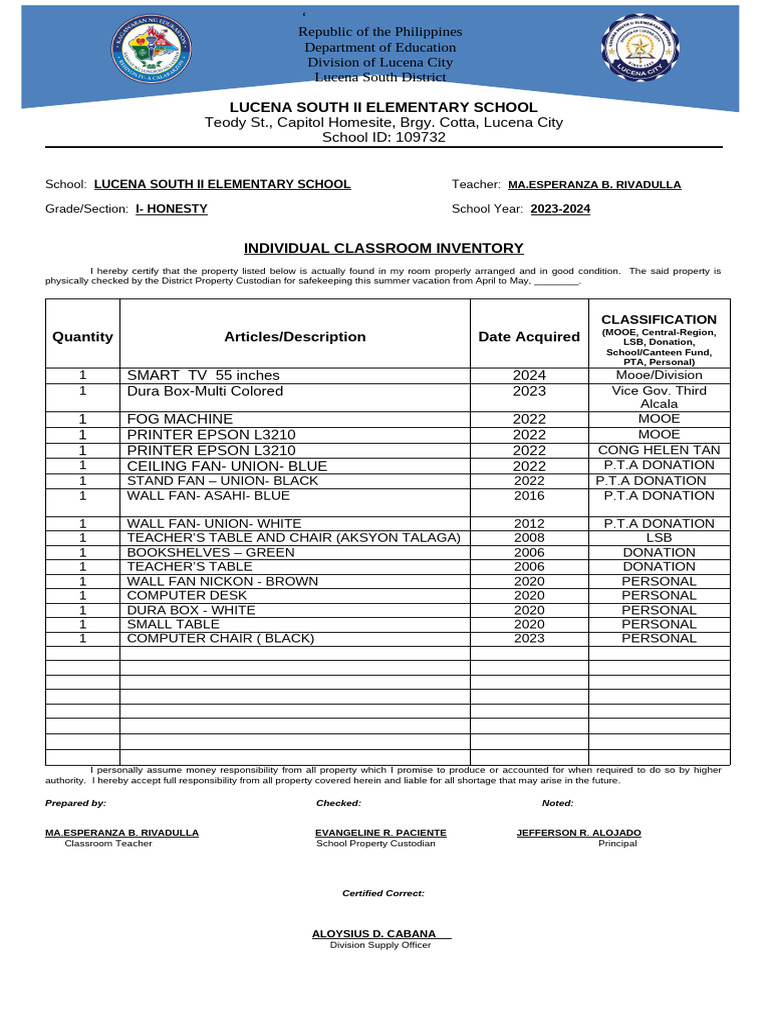 Individual Classroom Inventory 2024 | PDF