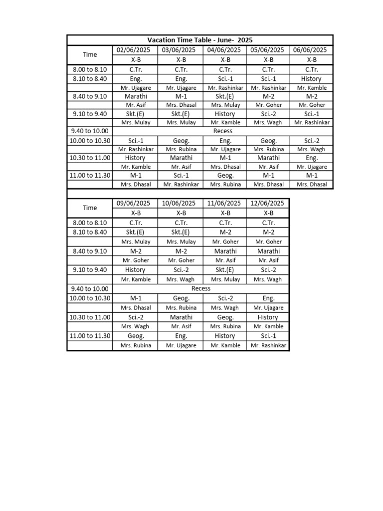 June Vacation X-B Timetable | PDF