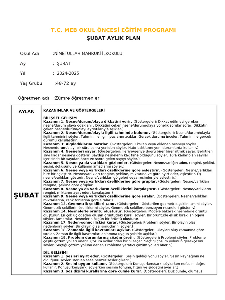 Şubat Aylik Plan | PDF