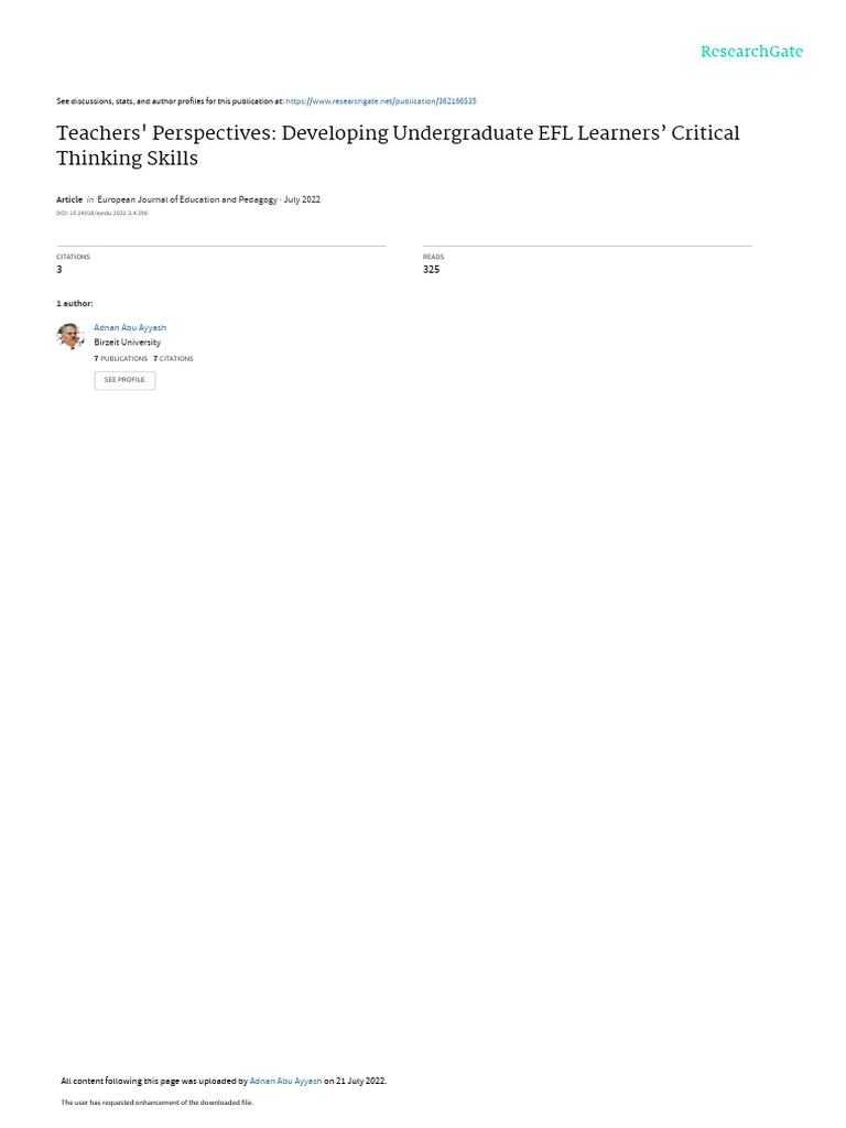 Developing Undergraduate Efl Learners Critical Thinking Skills | PDF | English As A Second Or ...