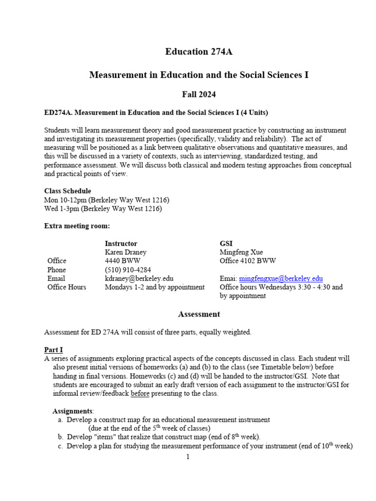 【EDUC 274A】Measurement in Education and the Social Sciences Ⅰ | PDF | Textbook | Measurement