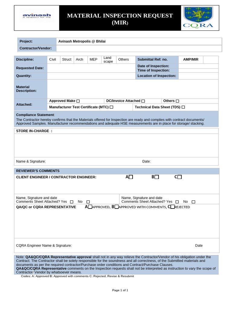 Material Inspection Request (MIR) | PDF