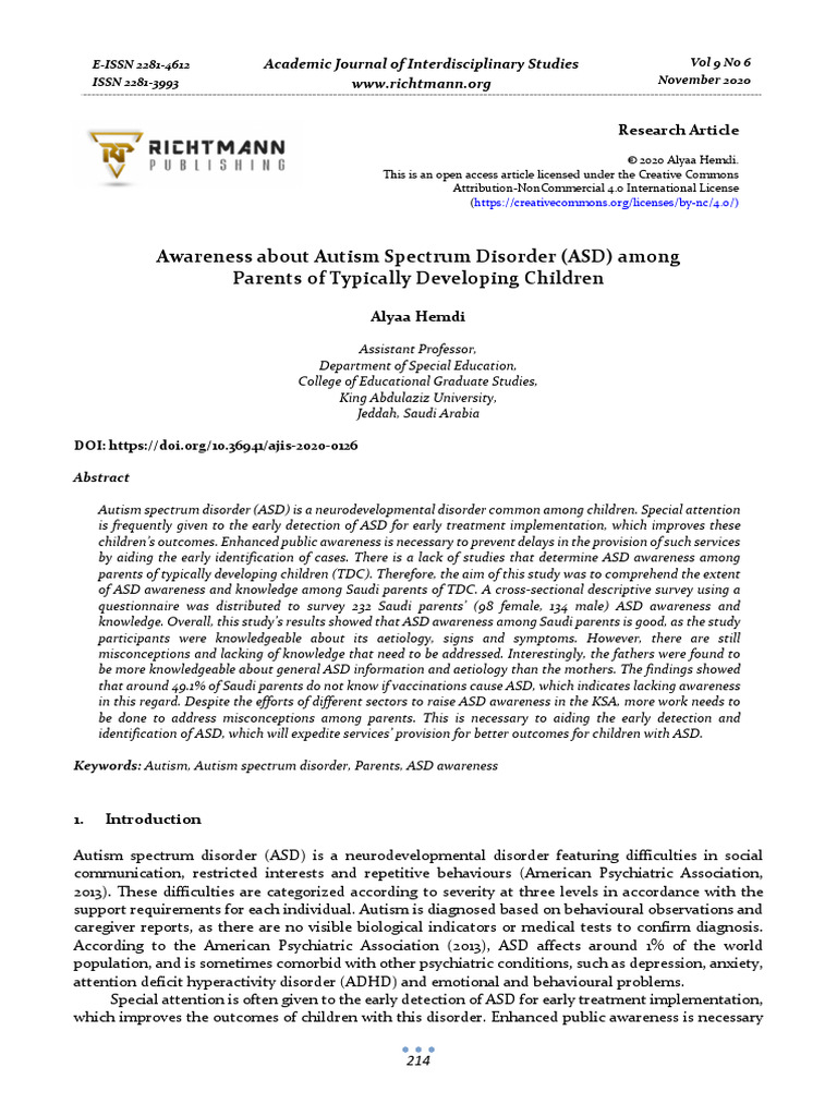 Awareness About Autism Spectrum Disorder ASD Among | PDF | Autism ...