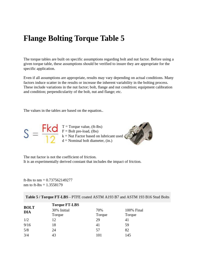 Flange Bolting Torque Table | PDF | Screw | Applied And ...