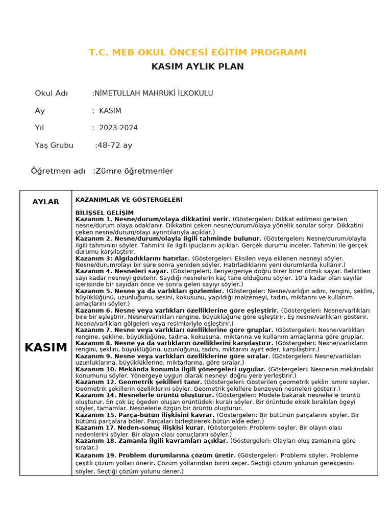 Kasim Aylik Plan | PDF