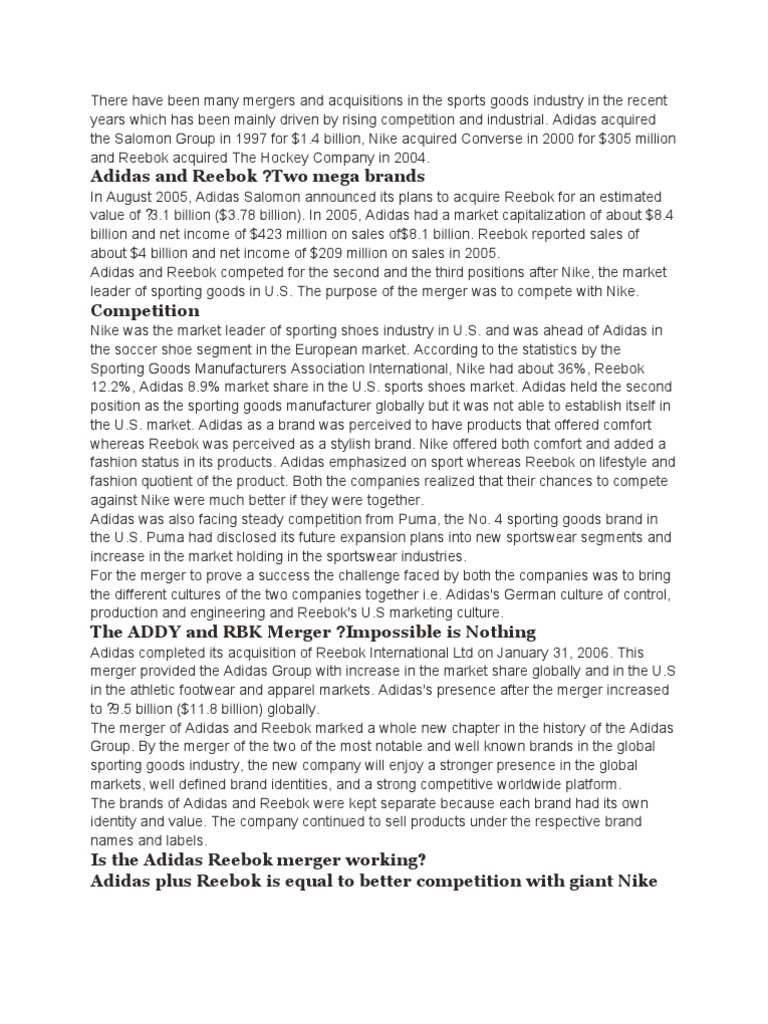 Adidas Reebok Merger | PDF | Adidas | Nike
