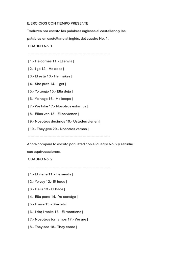 Ejercicios Con Tiempo Presente Ingles Básico | PDF