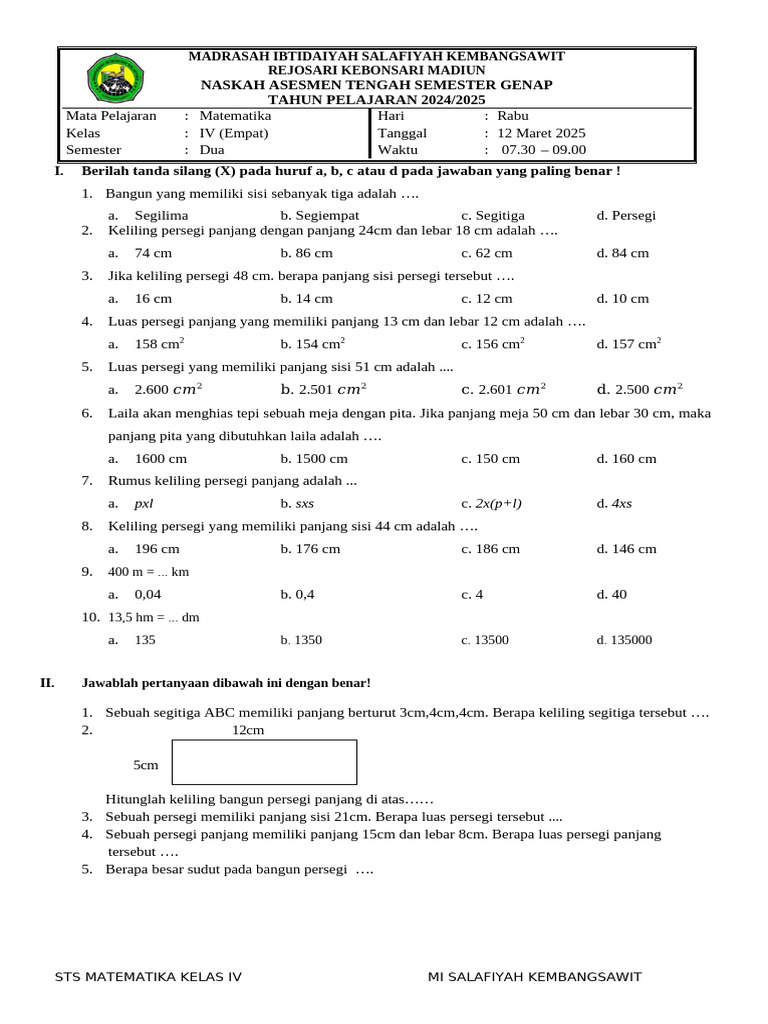 Soal Sts MTK Kelas 4 Semester 2 | PDF