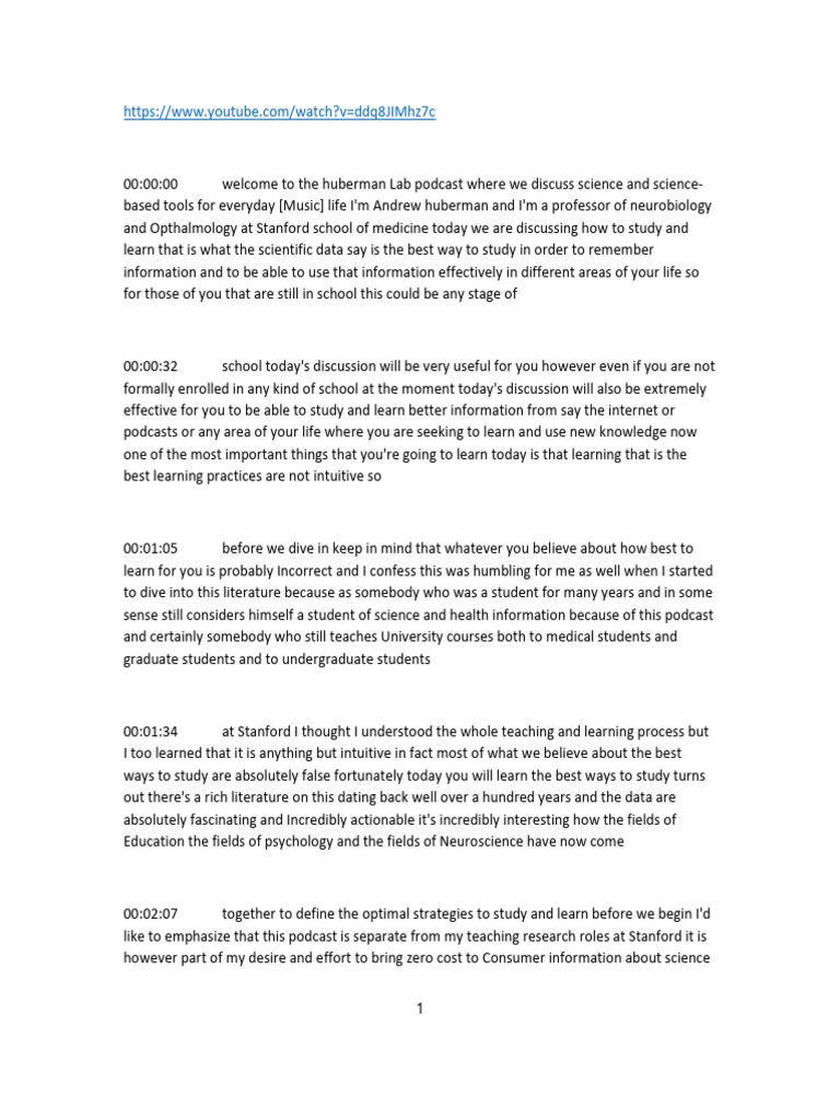 Optimal Protocols For Studying & Learning by Andrew Huberman | PDF ...