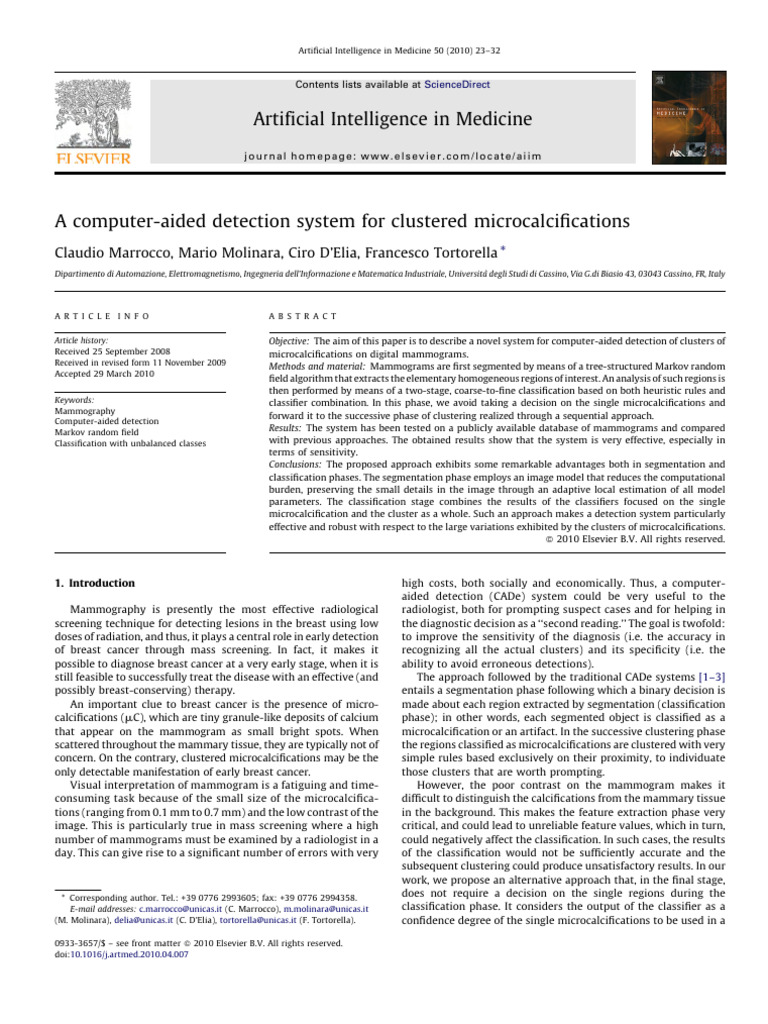A Computer Aided Detection System For Clustered Microcalcifications Pdf Image Segmentation
