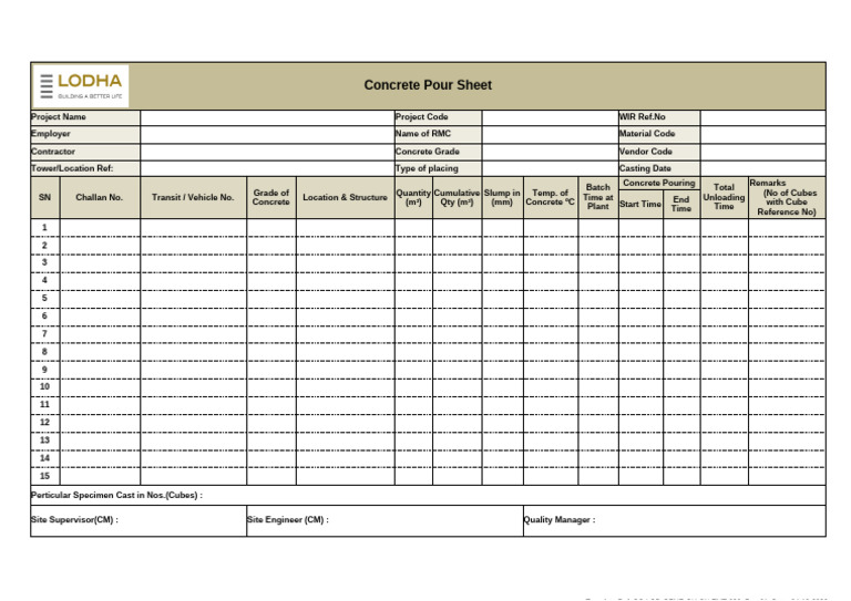 Concrete Pour Record Sheet | PDF