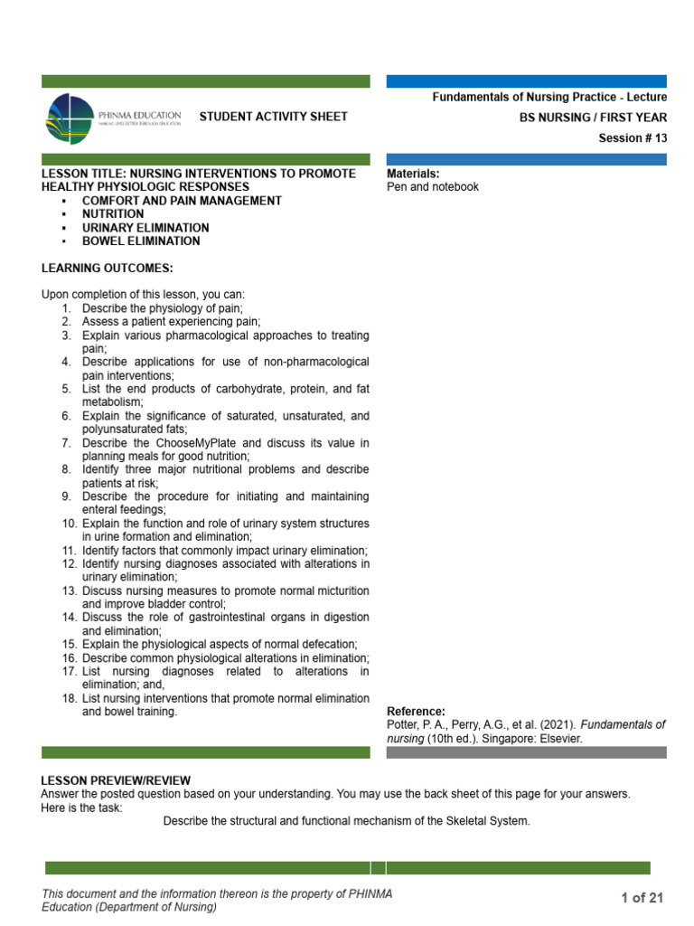Session #13 SAS - Funda (Lec) | PDF | Urinary Incontinence | Pain