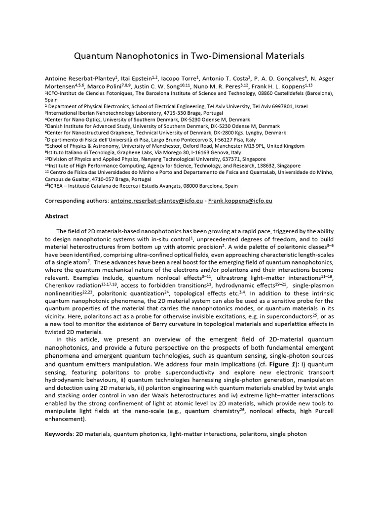 Quantum Nanophotonics in Two-Dimensional Materials | PDF | Plasmon | Graphene
