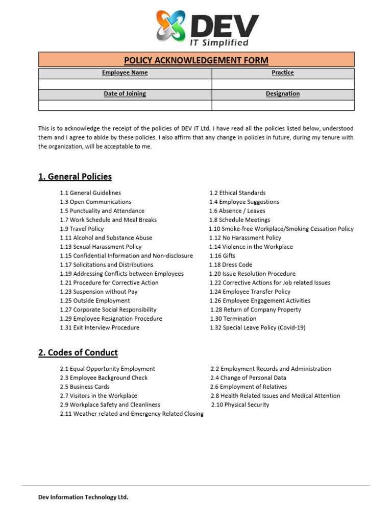 Employee Policy Acknowledgement Form | PDF | Employment | Policy