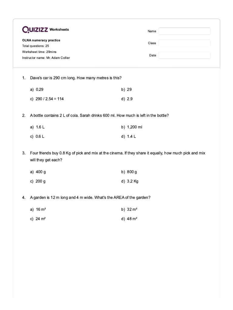 OLNA Numeracy Practice - Quizizz | PDF