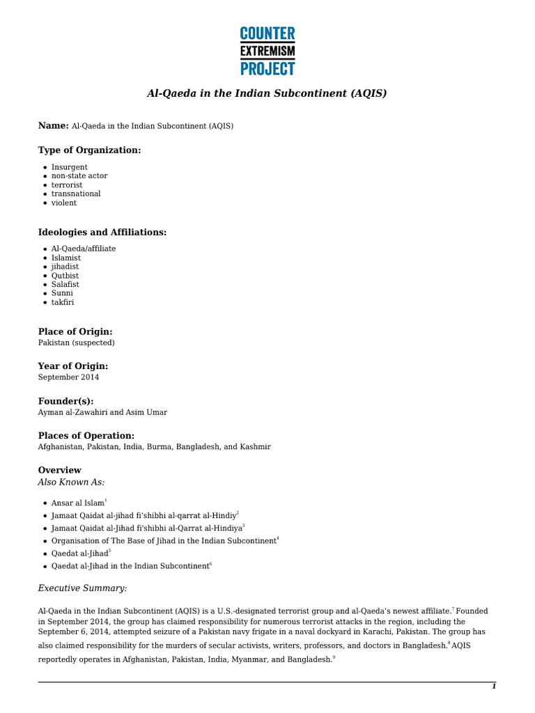 Al-Qaeda in The Indian Subcontinent (AQIS) - 12042017 | PDF | Al Qaeda | World Politics