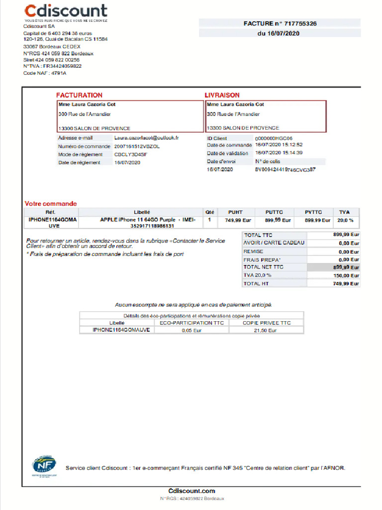 Facture Cdiscount | PDF