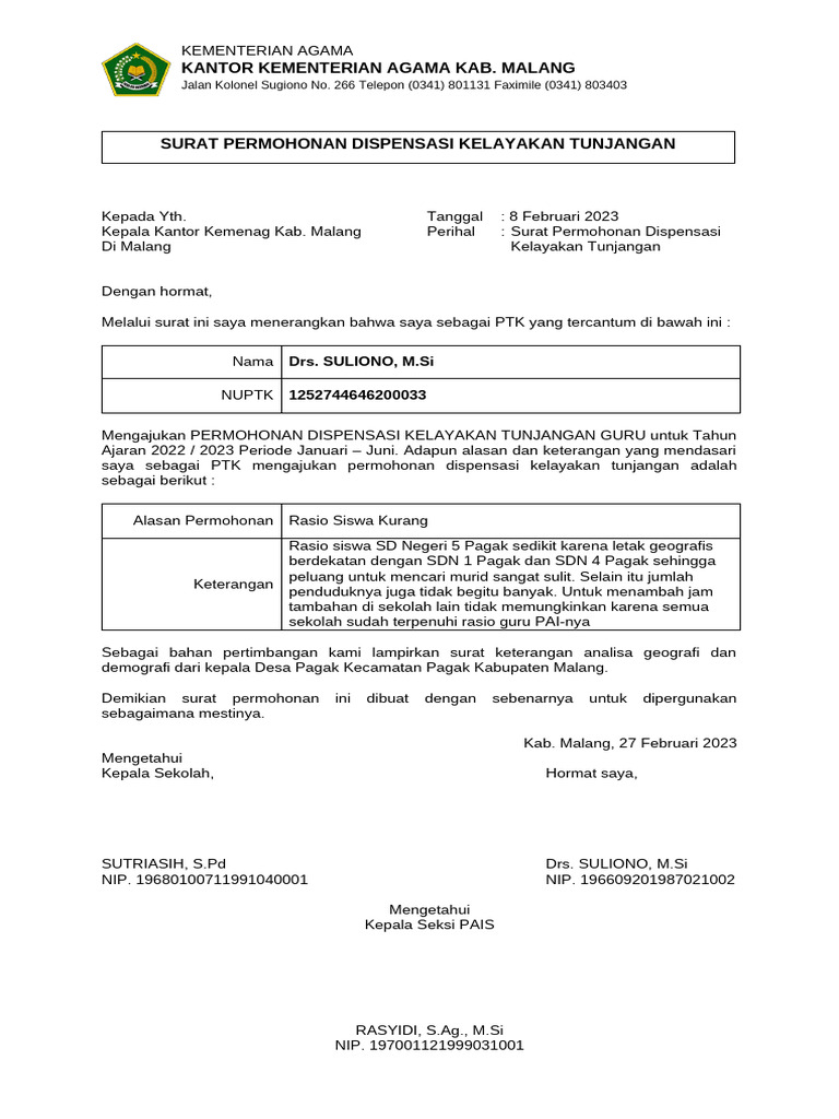 Surat Permohonan Dispensasi Kelayakan Tunjangan | PDF