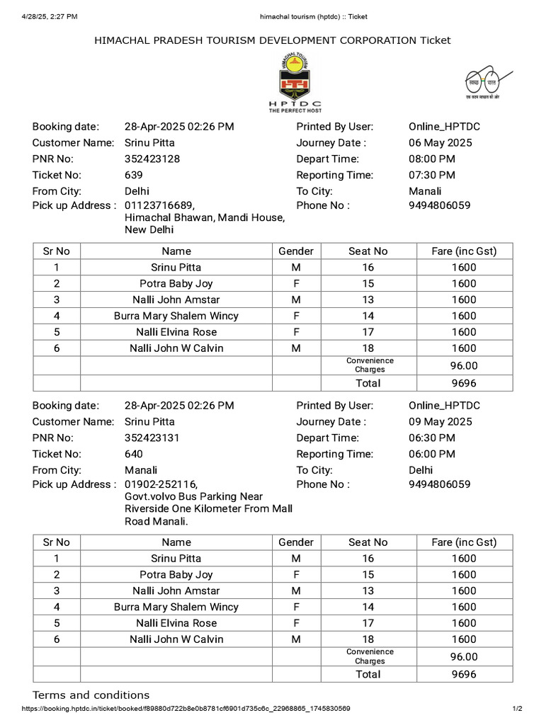 HPTDC Bus Ticket Confirmation | PDF | Bus | Bus Transport