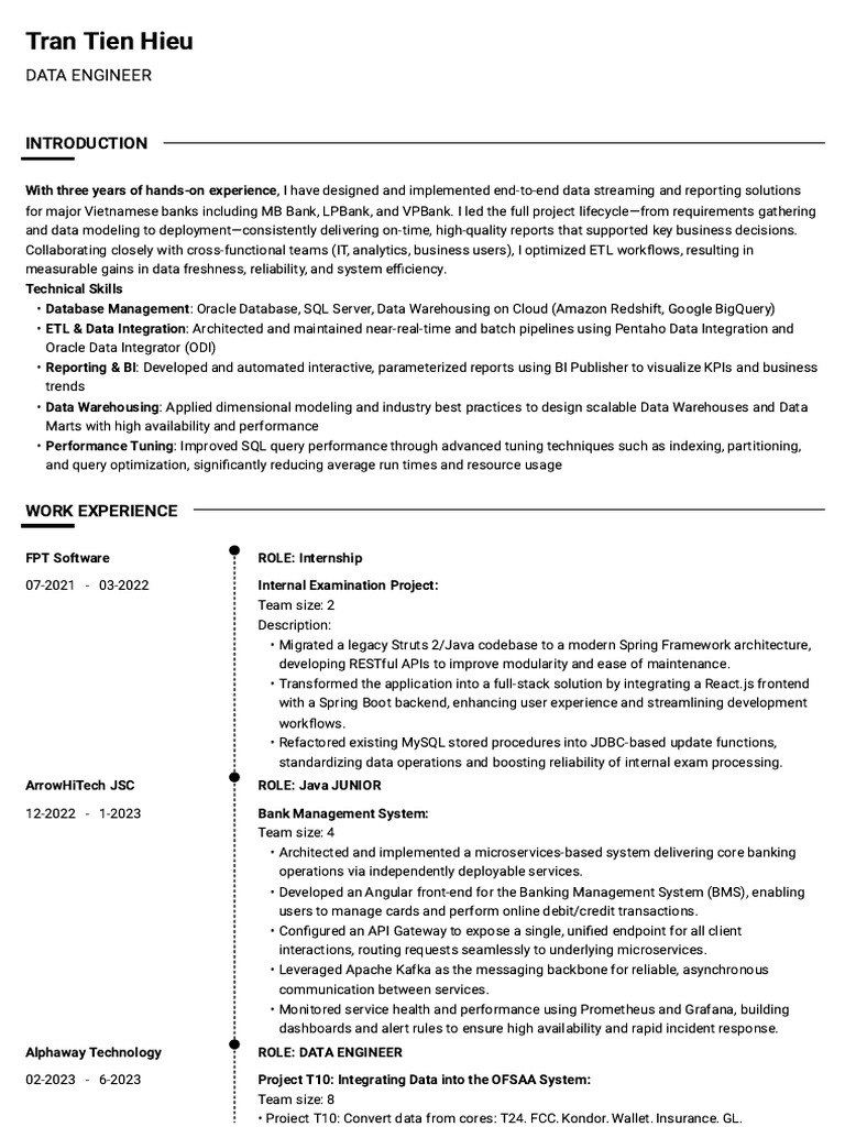 Tran Tien Hieu Data Engineer | PDF | Data Warehouse | Databases