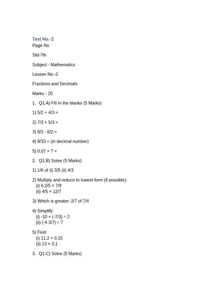 Class 7 Math: Fractions & Decimals Test | PDF