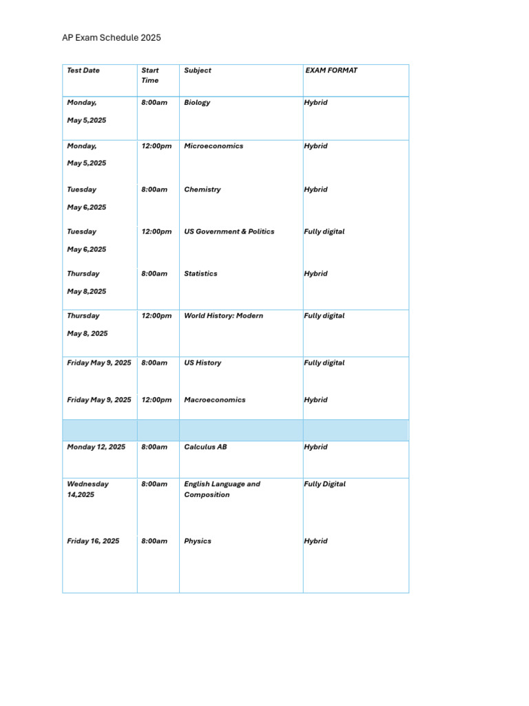 AP Exam Schedule 2025-1 | PDF