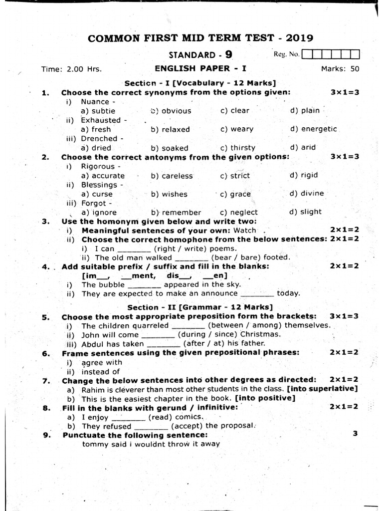 9th English Paper 1 First Mid Term Exam Original Question Paper | PDF