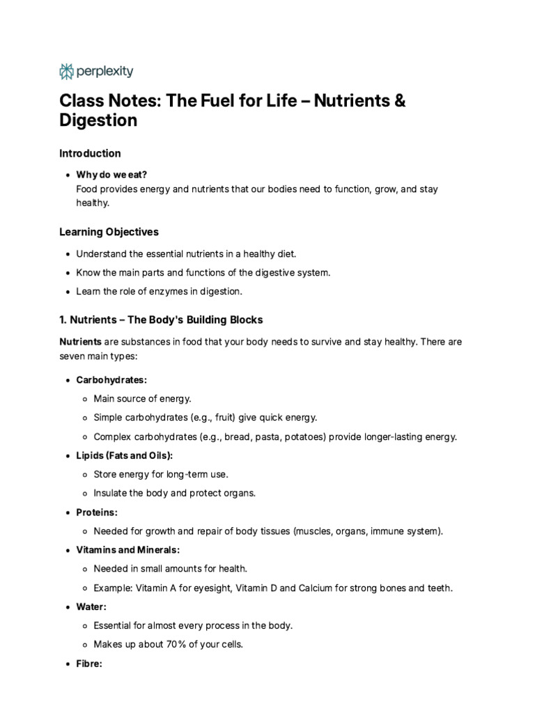 Class Notes - The Fuel For Life - Nutrients & Diges | PDF | Digestion ...