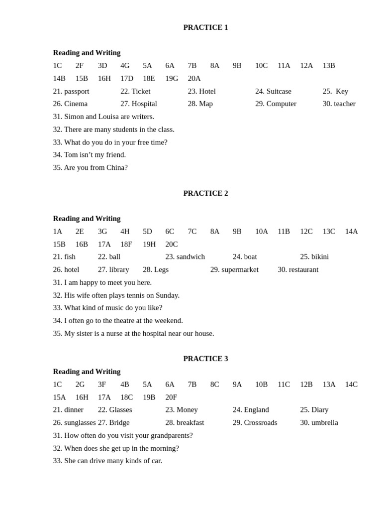 Answer Keys - Sup E1 - Reading & Writing | PDF