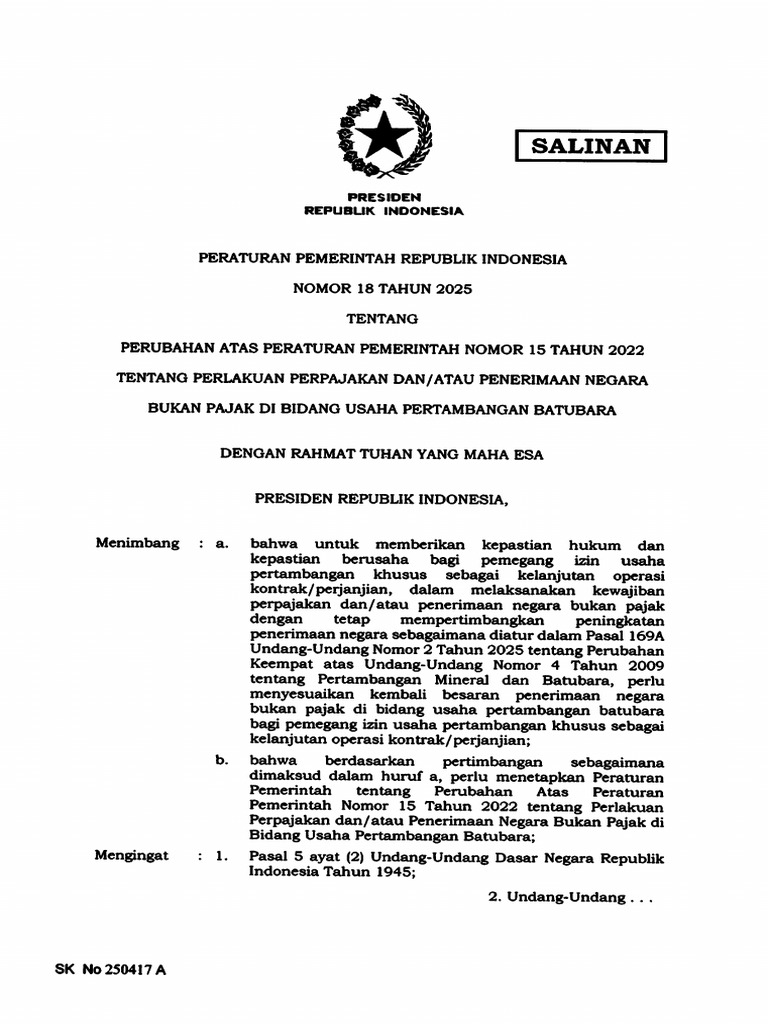 Peraturan Pemerintah No. 18 Tahun 2025 | PDF